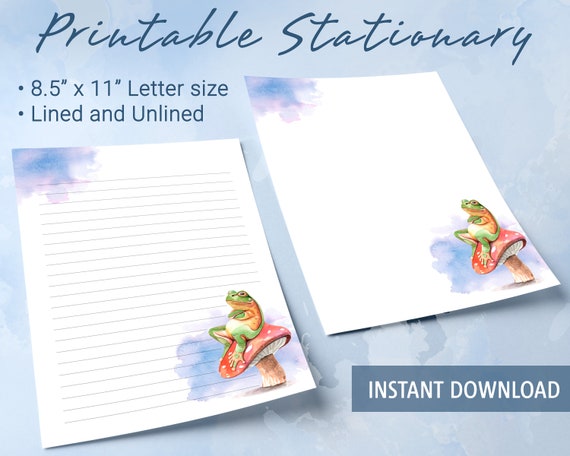 Printable Stationery Lined Paper Watercolor Frog on Mushroom - Etsy
