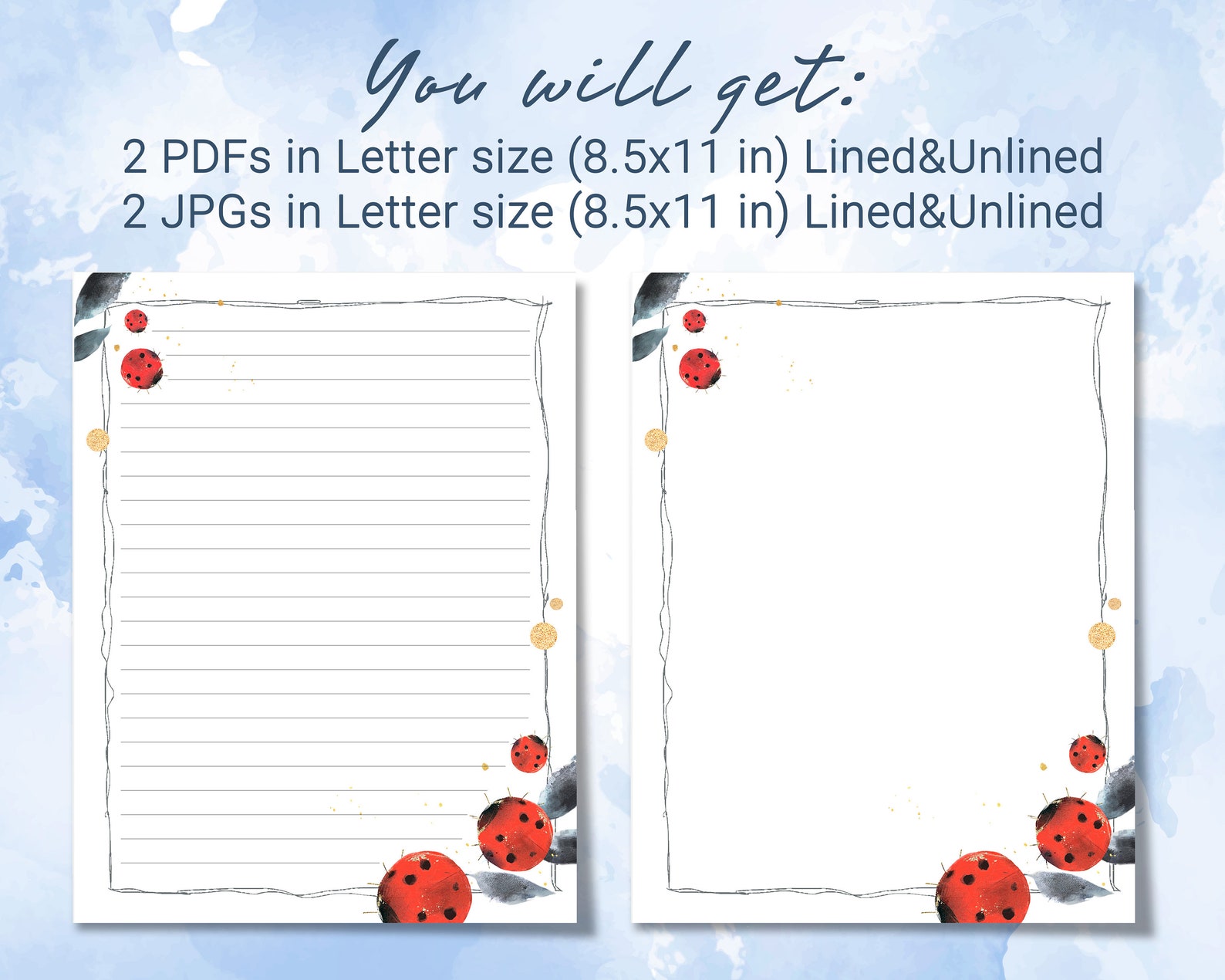 Printable Stationery Lined Paper With Ladybug and Leaves, Printable ...