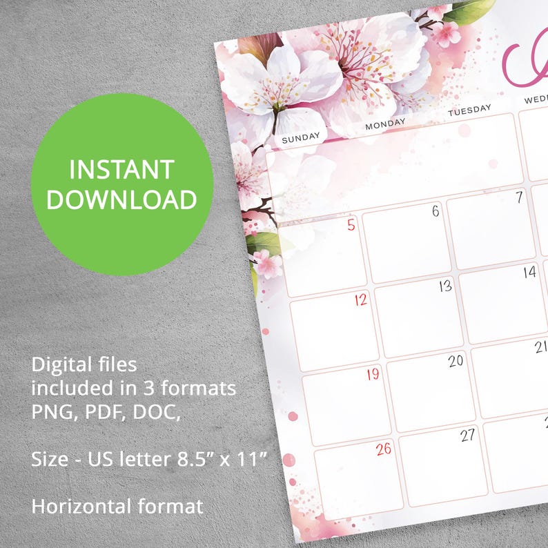 Editable April 2026 Calendar, Printable Monthly Planner, Sakura Cherry ...