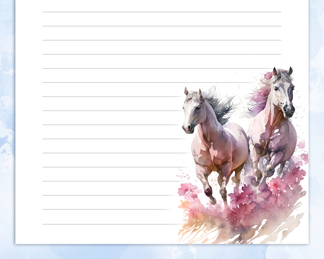 Printable Stationery Lined Paper With Horses Running in a Field of ...