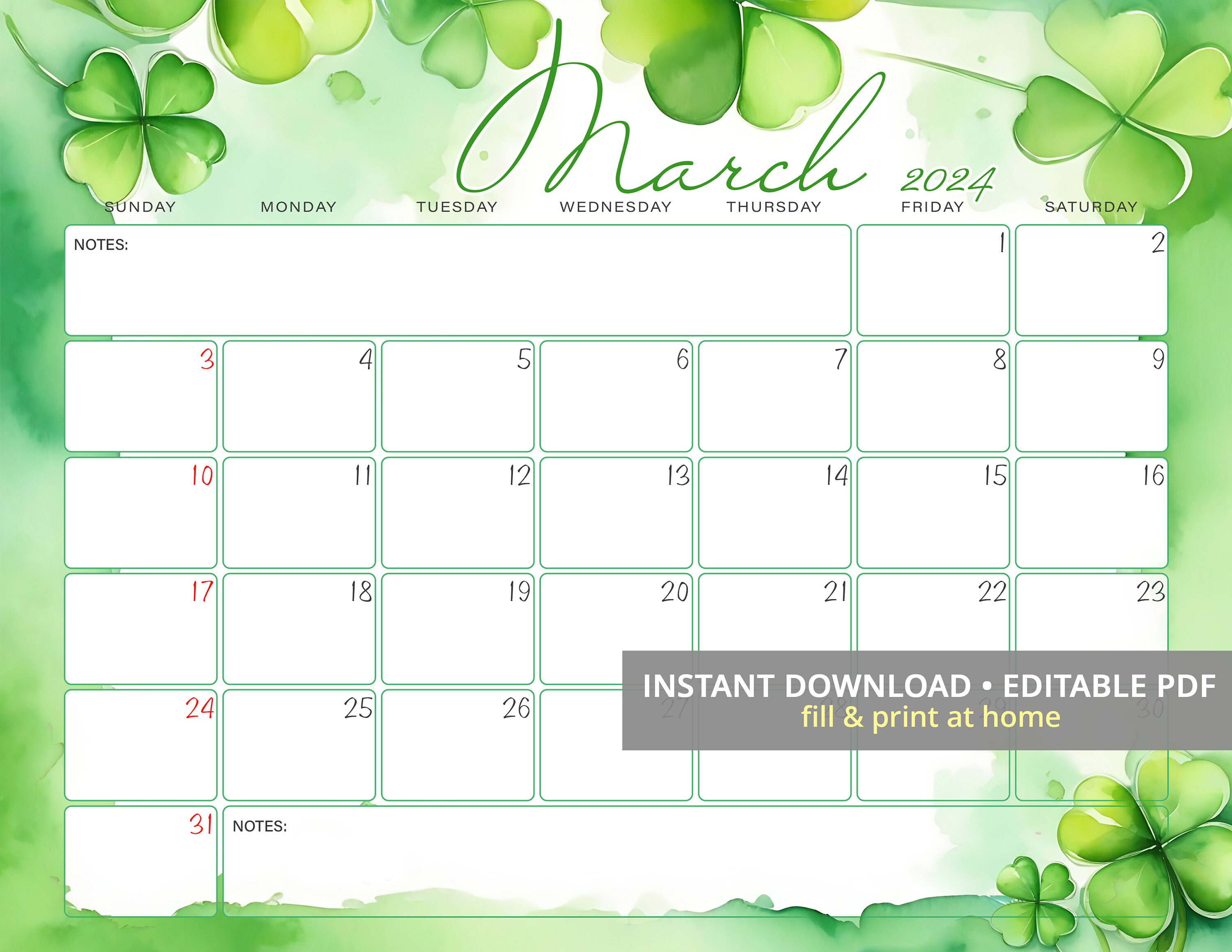 Editable March 2024 Calendar With a Four-leaf Clover, Good Luck Day ...