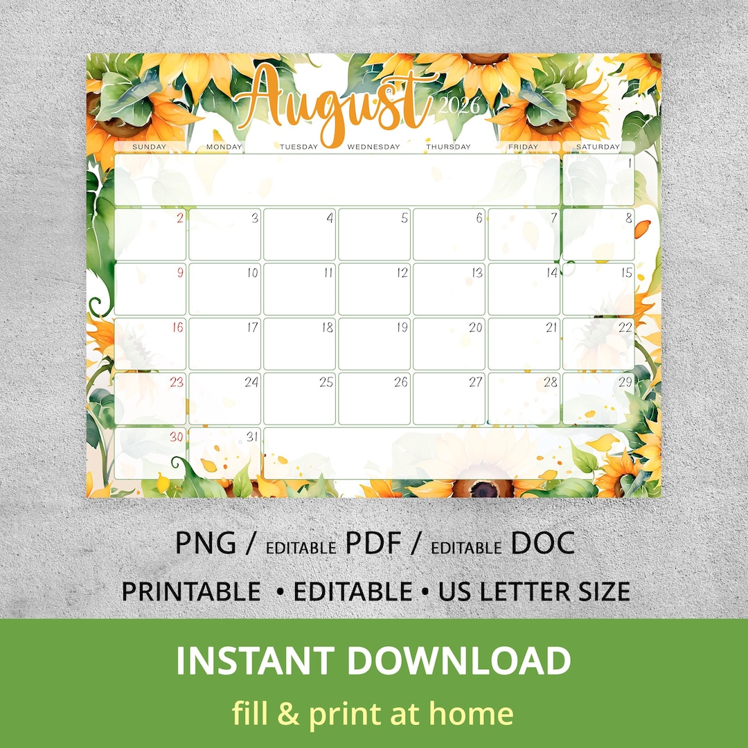 August 2026 Calendar Sunflower Printable, Editable PDF Word Monthly ...