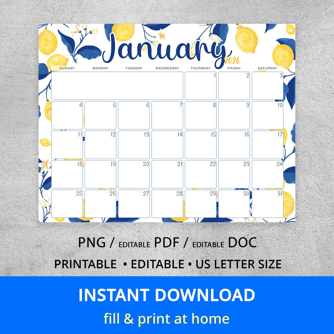 Editable January 2025 Calendar, Lemon Theme Printable Monthly Planner ...