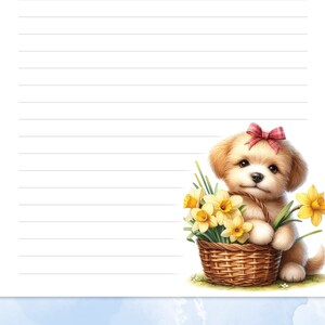 Printable Stationery Paper With Cute Puppy and the Daffodils, Spring ...