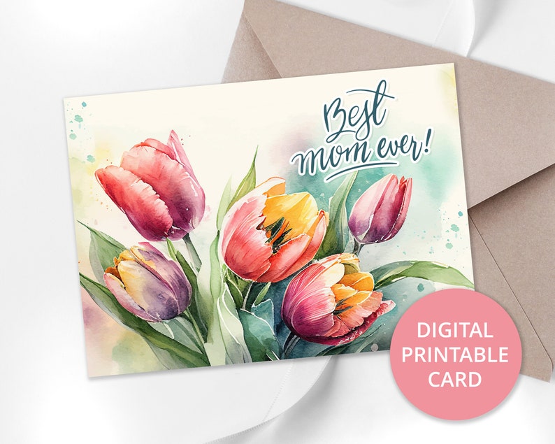 Mother's Day Card Printable With Bouquet of Tulips, Printable Greeting ...
