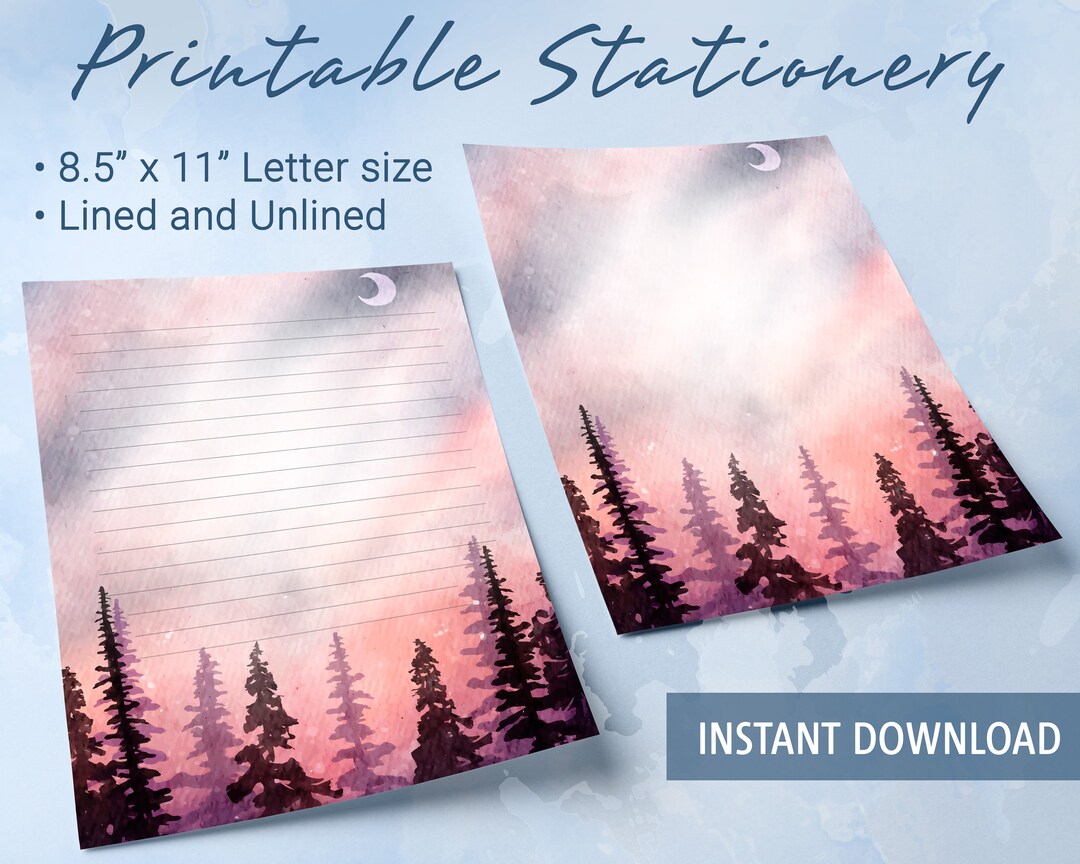 Printable Stationery Lined Paper With Watercolor Snowy Hills and Pine ...