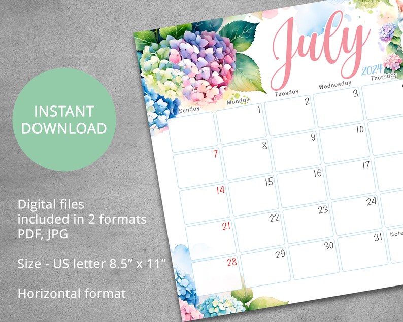Editable July 2024 Calendar With Hydrangea and Cat, Watercolor Summer ...