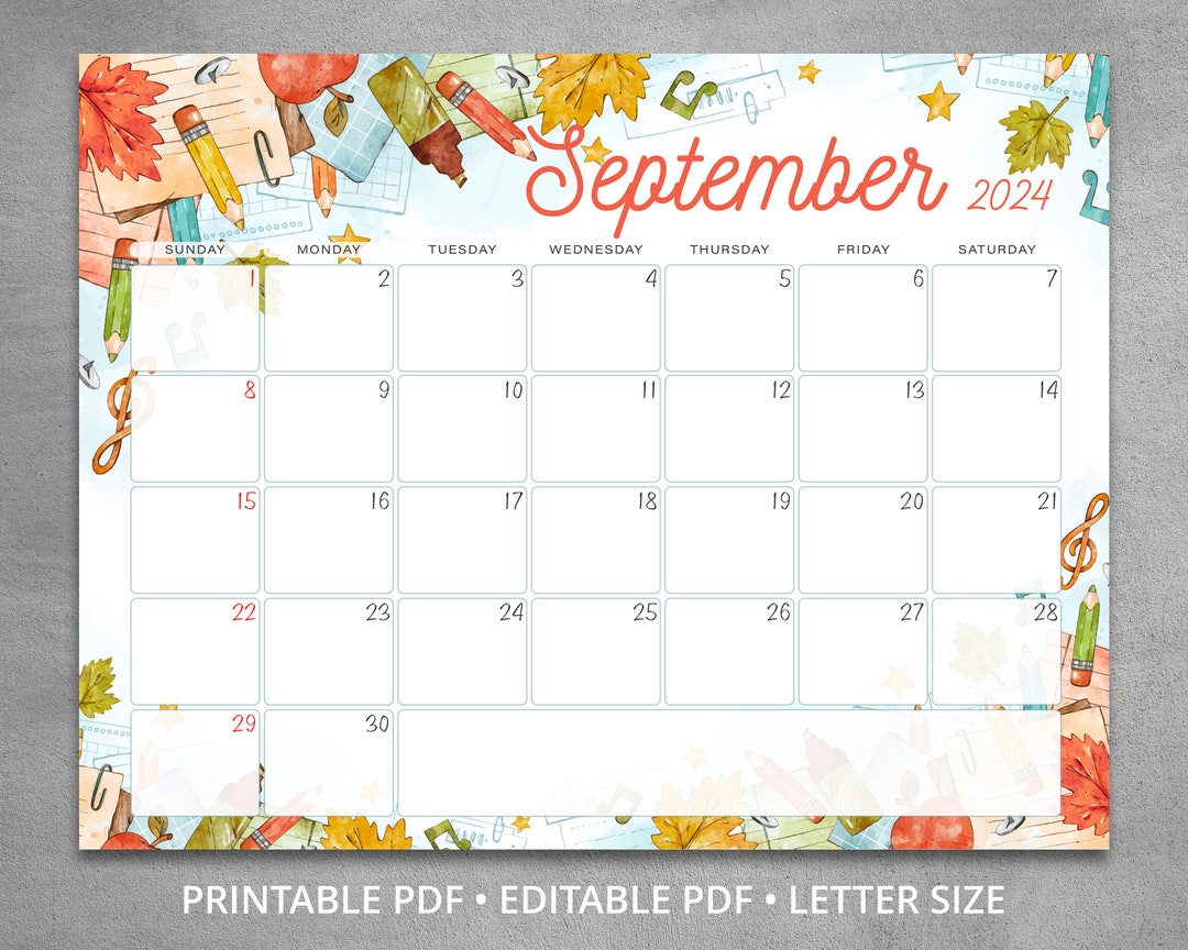 Editable September 2024 Calendar, Wall Calendar With Back to School ...