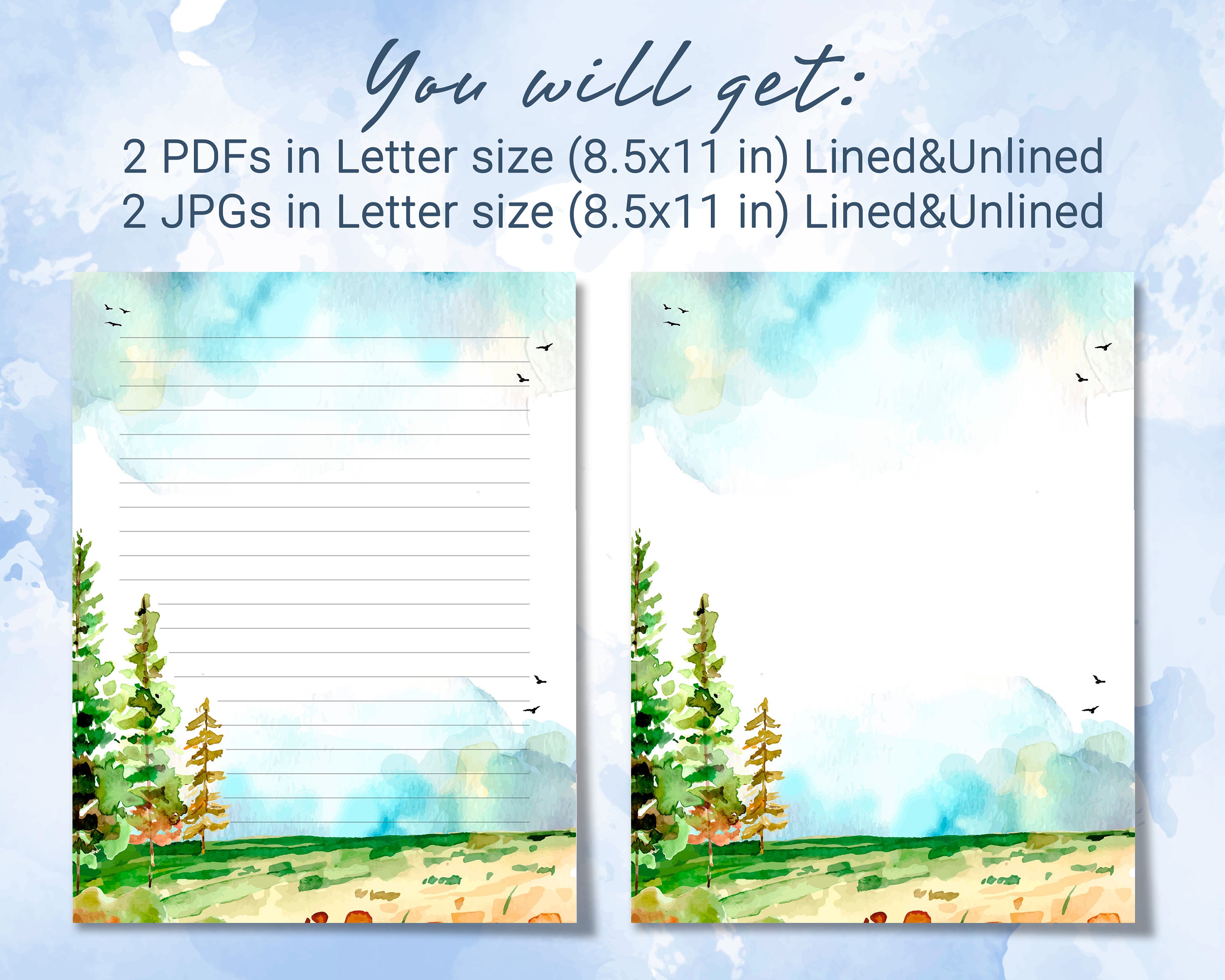 Pine Trees Stationery Paper, Green Field, Blue Sky (digital Download ...