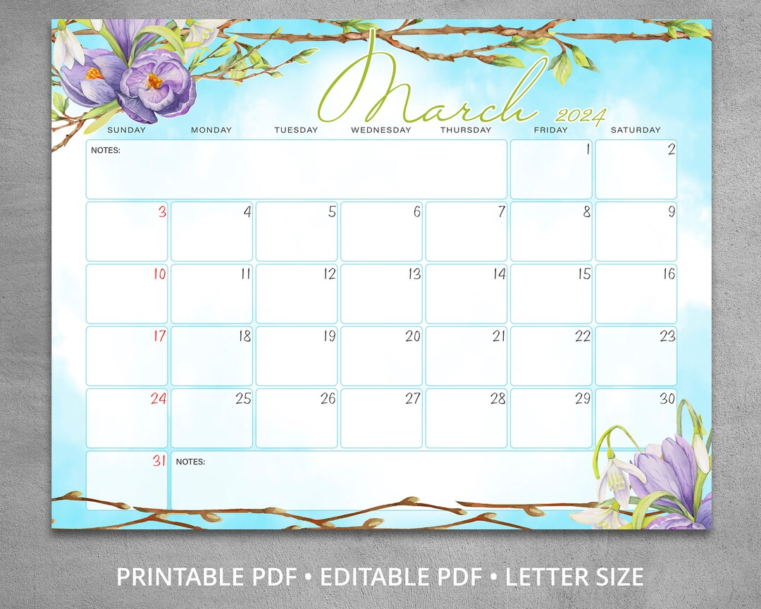 March 2024 Calendar, Editable March Calendar With Spring Flowers Crocus ...