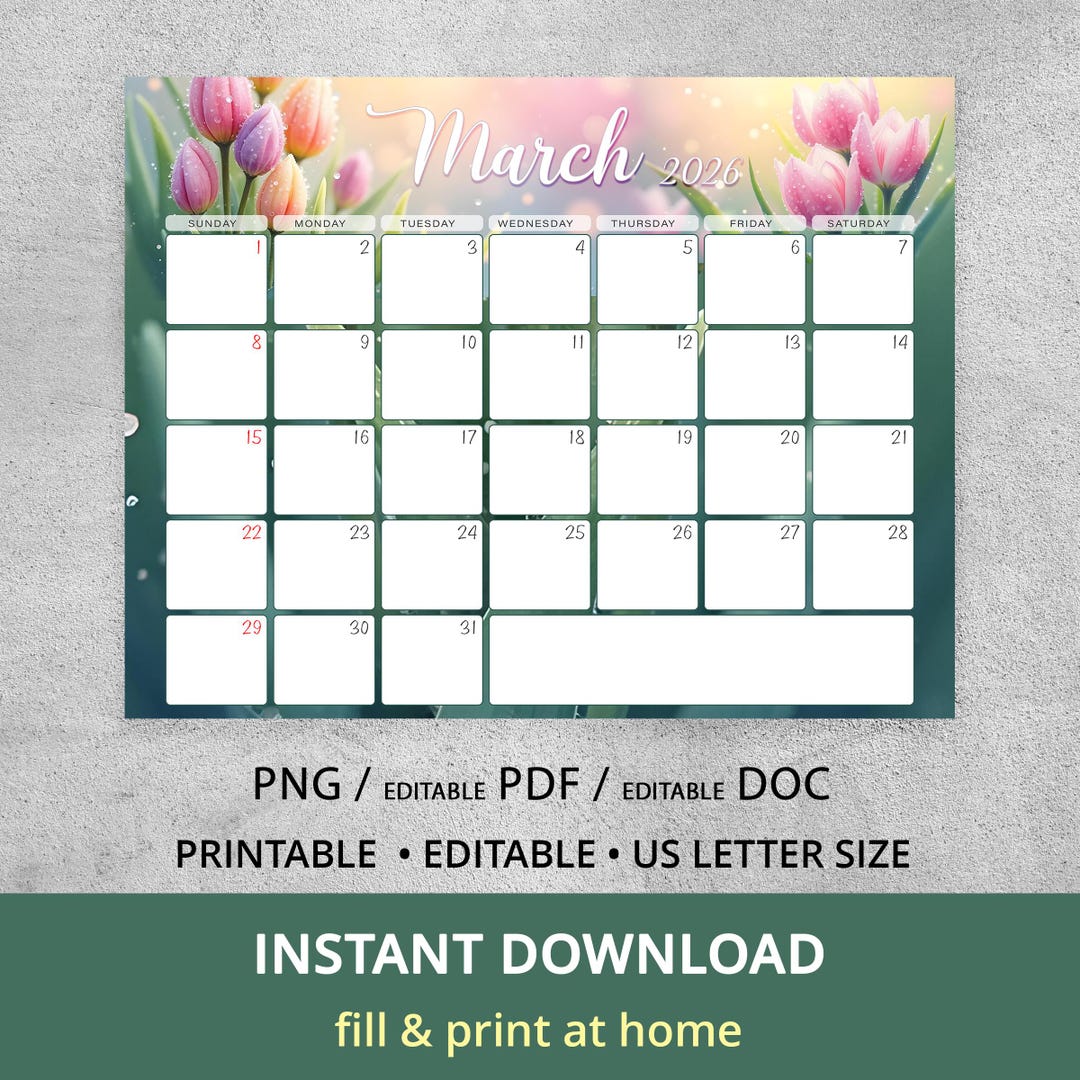 Editable March 2026 Calendar, Tulip Monthly Planner, Spring Desk ...
