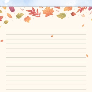 Autumn Printable Stationery Lined Paper, Watercolor Autumn Leaves ...