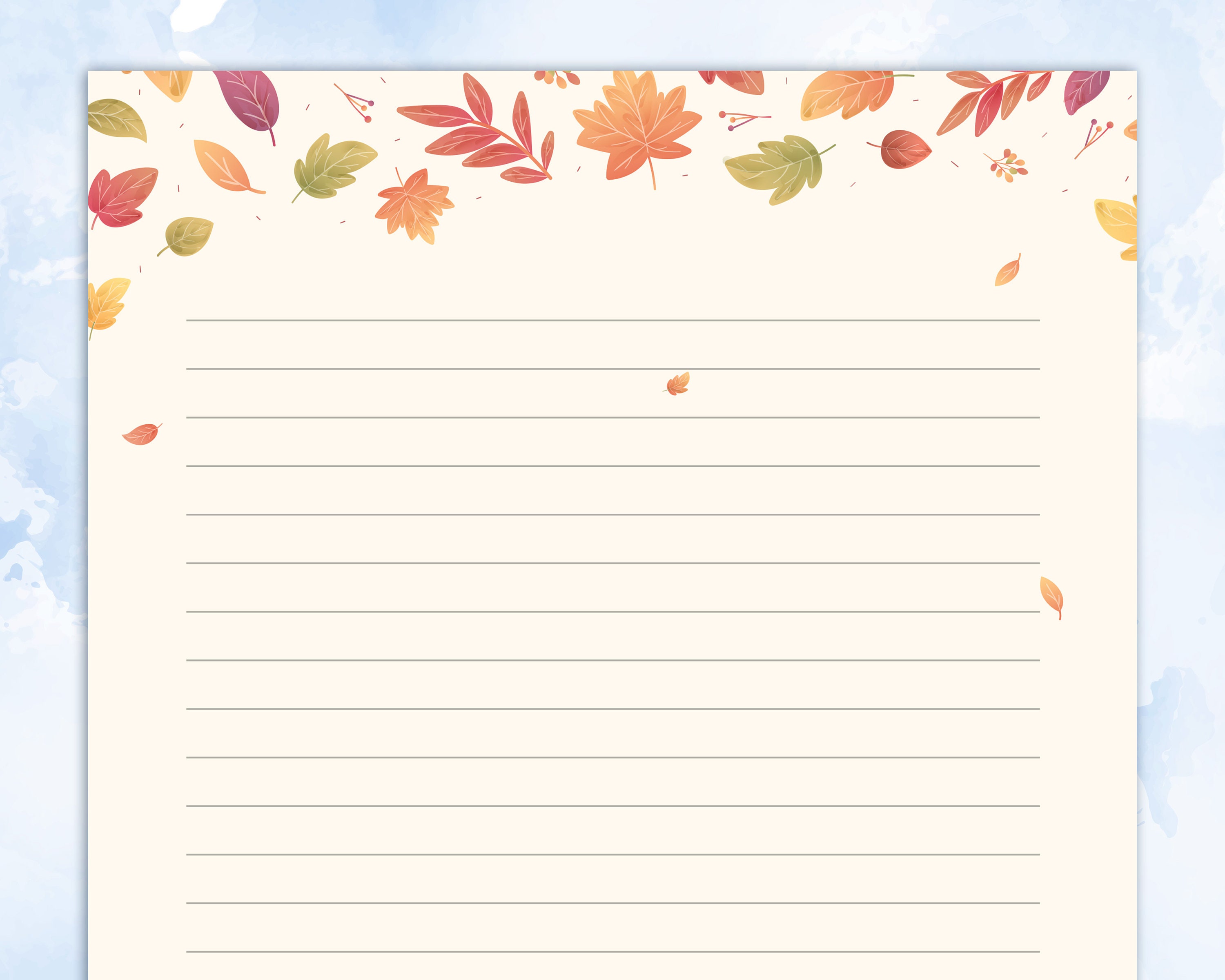 Autumn Printable Stationery Lined Paper, Watercolor Autumn Leaves ...