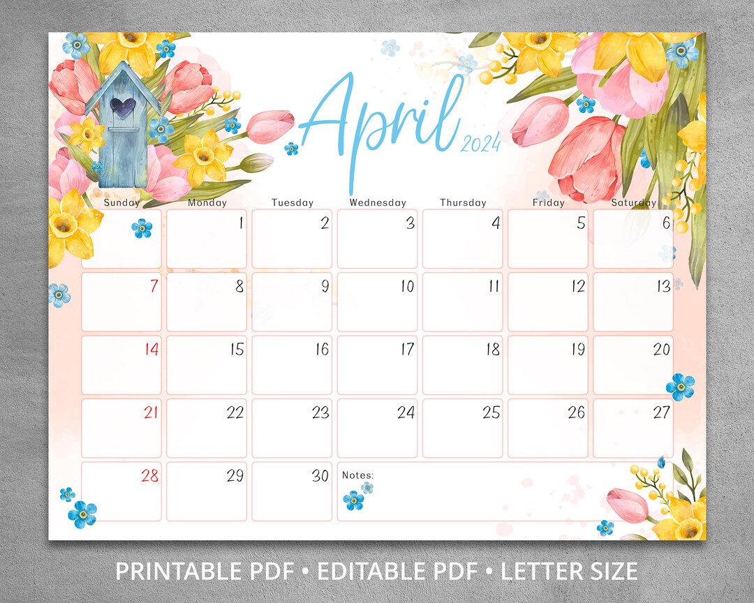 Editable April 2024 Calendar, Spring Floral Printable Fillable Planner ...