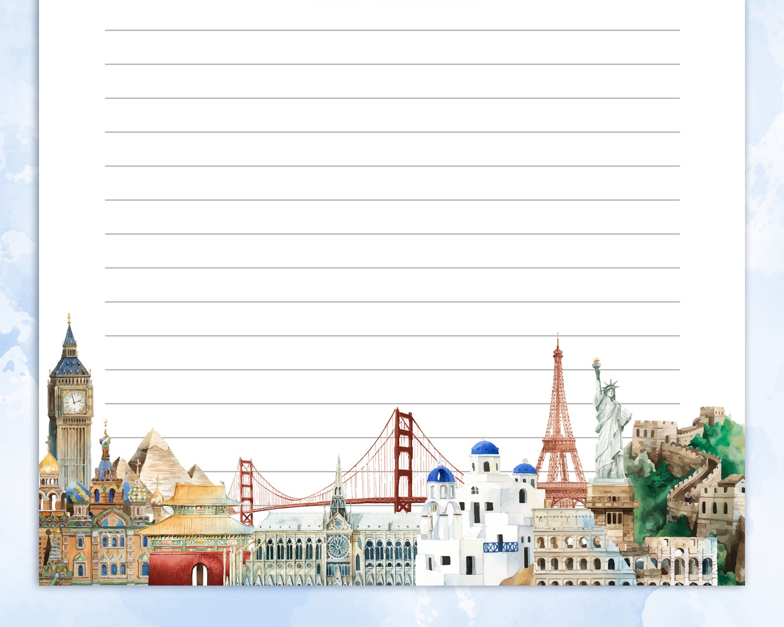 Printable Stationery Lined Paper With Set of Famous Landmark, Printable ...