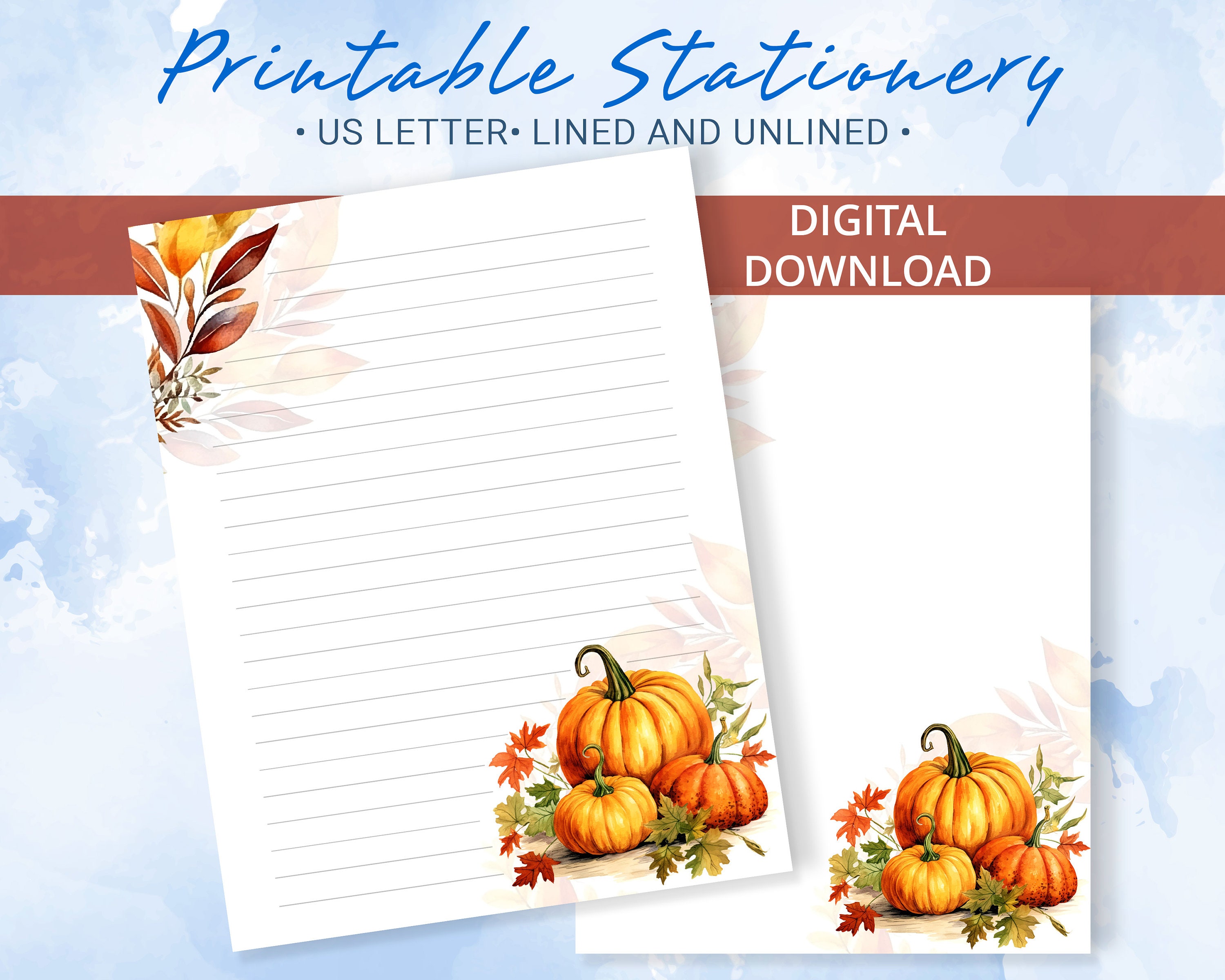 Pumpkin Printable Stationery, Printable Writing Paper With Watercolor ...
