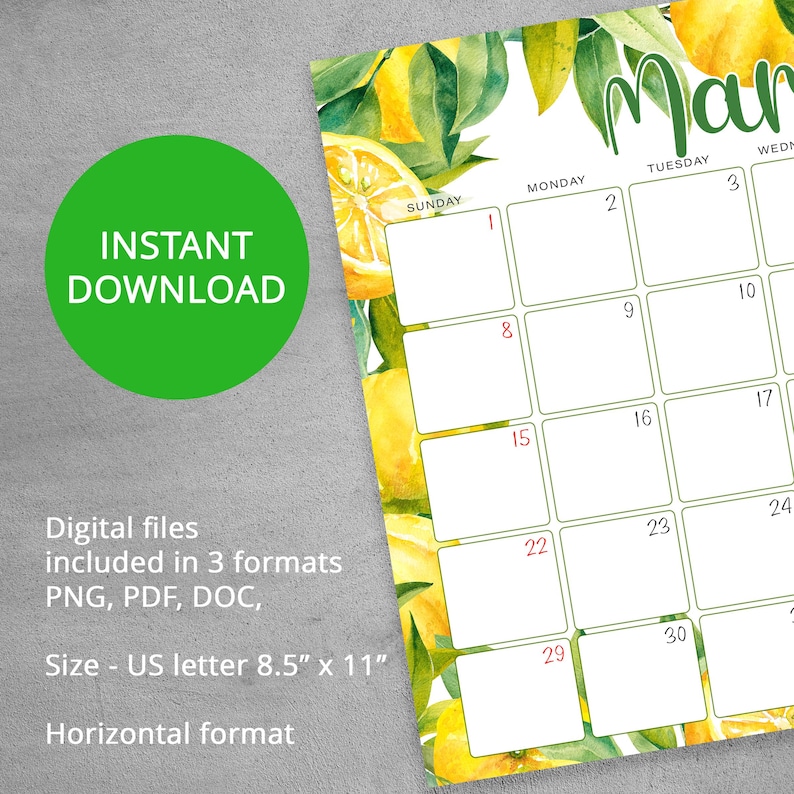 Editable March 2026 Lemon Calendar, Spring Citrus Monthly Printable ...