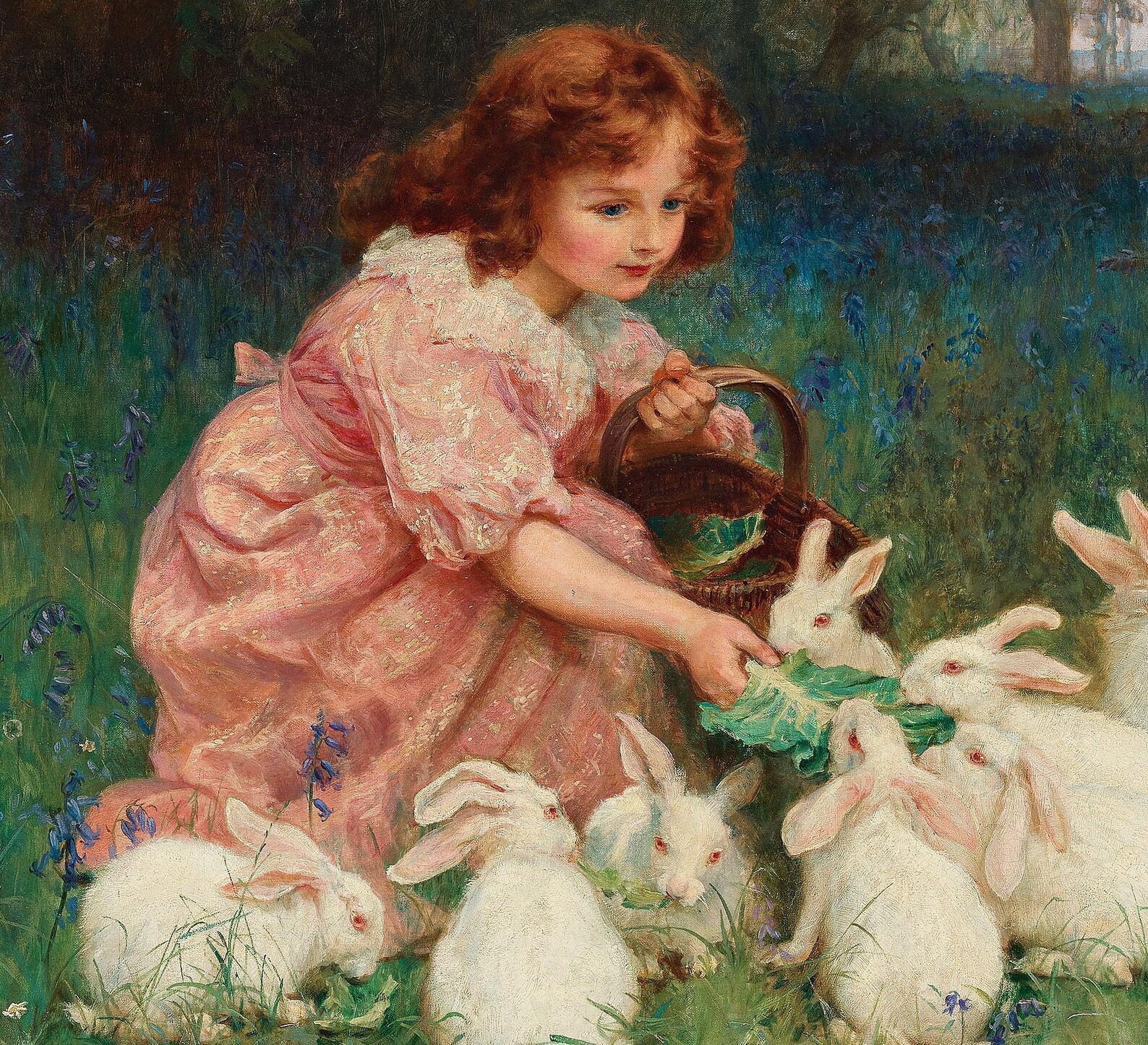 Vintage Girl Feeding Rabbits Painting | Child Animal Portrait Artwork ...