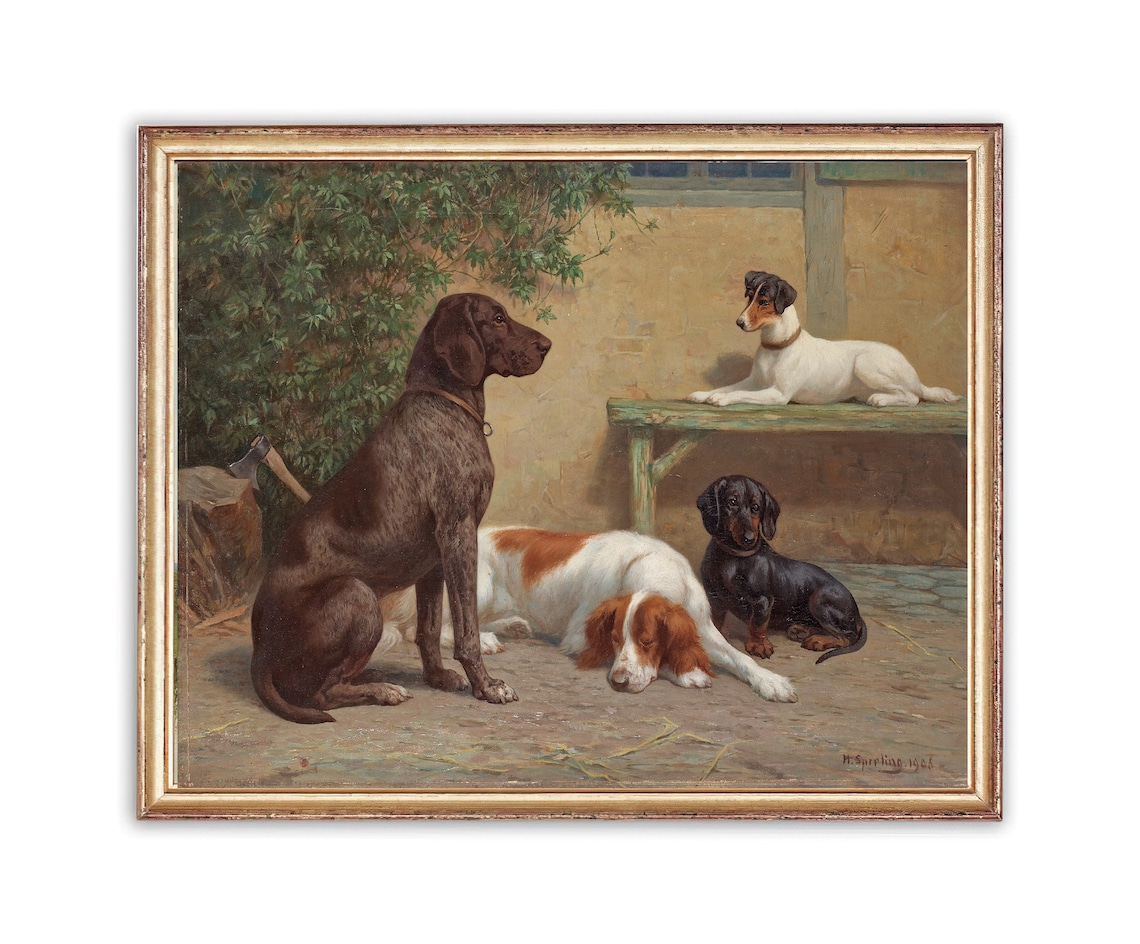 Vintage Animal Portrait Painting | Antique Dogs in Yard Artwork ...