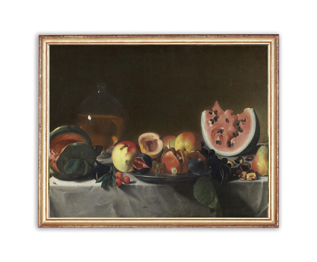 Vintage Watermelon Apples Painting | Antique Fruits on Table Artwork ...