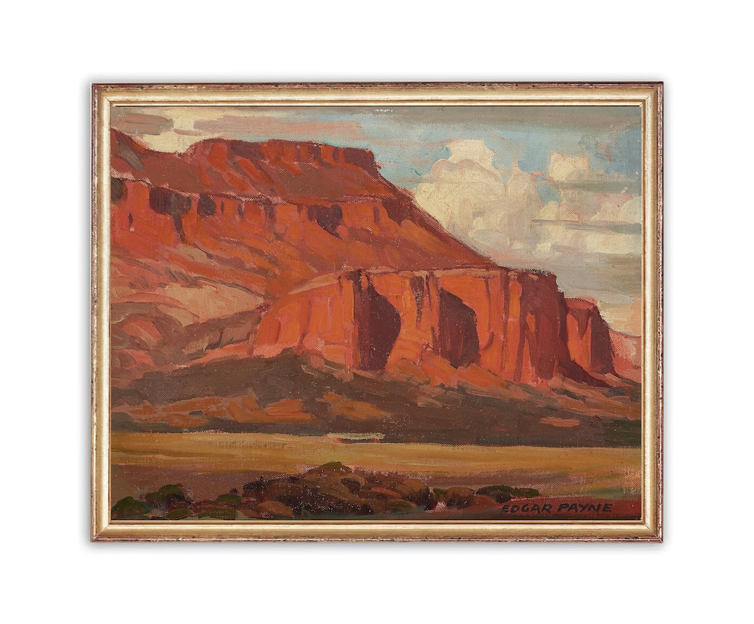 Vintage Old West Painting | Antique Red Mountain Rocks Artwork ...