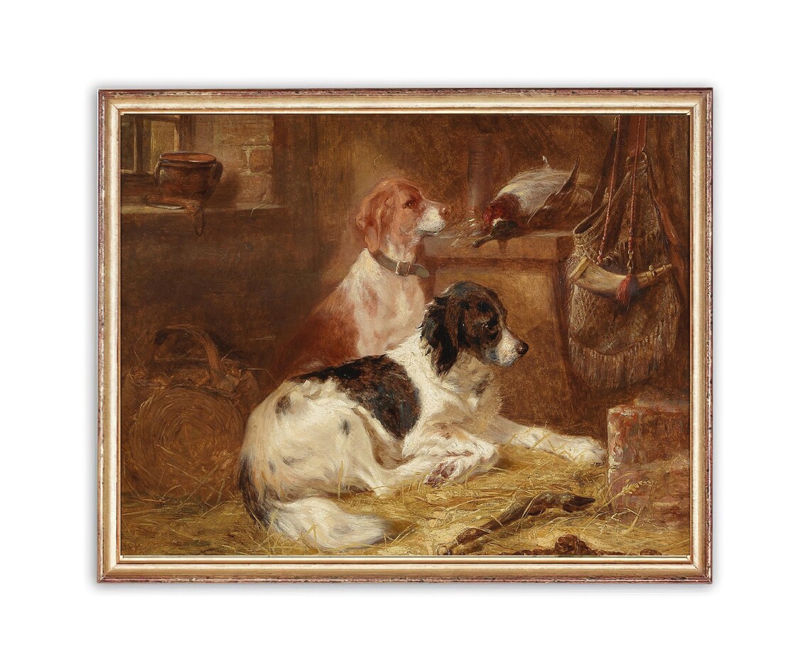 Vintage Two Dogs Painting Antique Dogs in Barn Countryside - Etsy