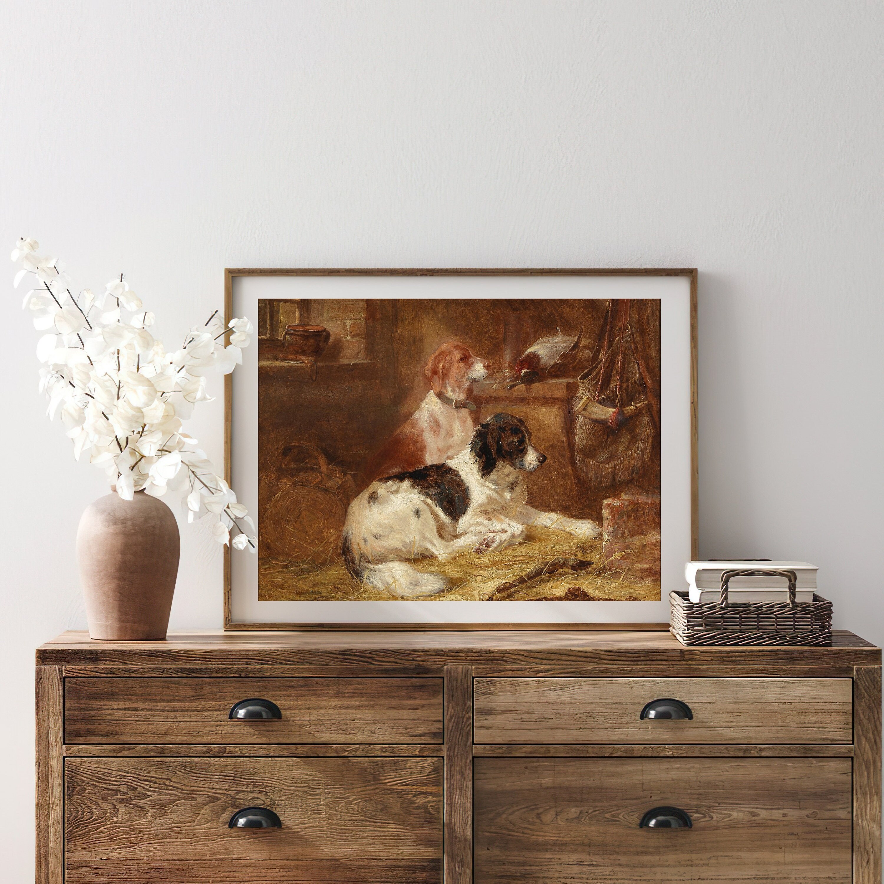 Vintage Two Dogs Painting Antique Dogs in Barn Countryside - Etsy