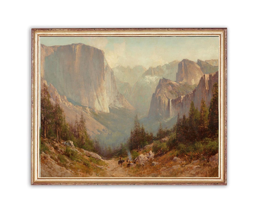 Vintage Yosemite National Park Painting | Mountain Hills Artwork ...