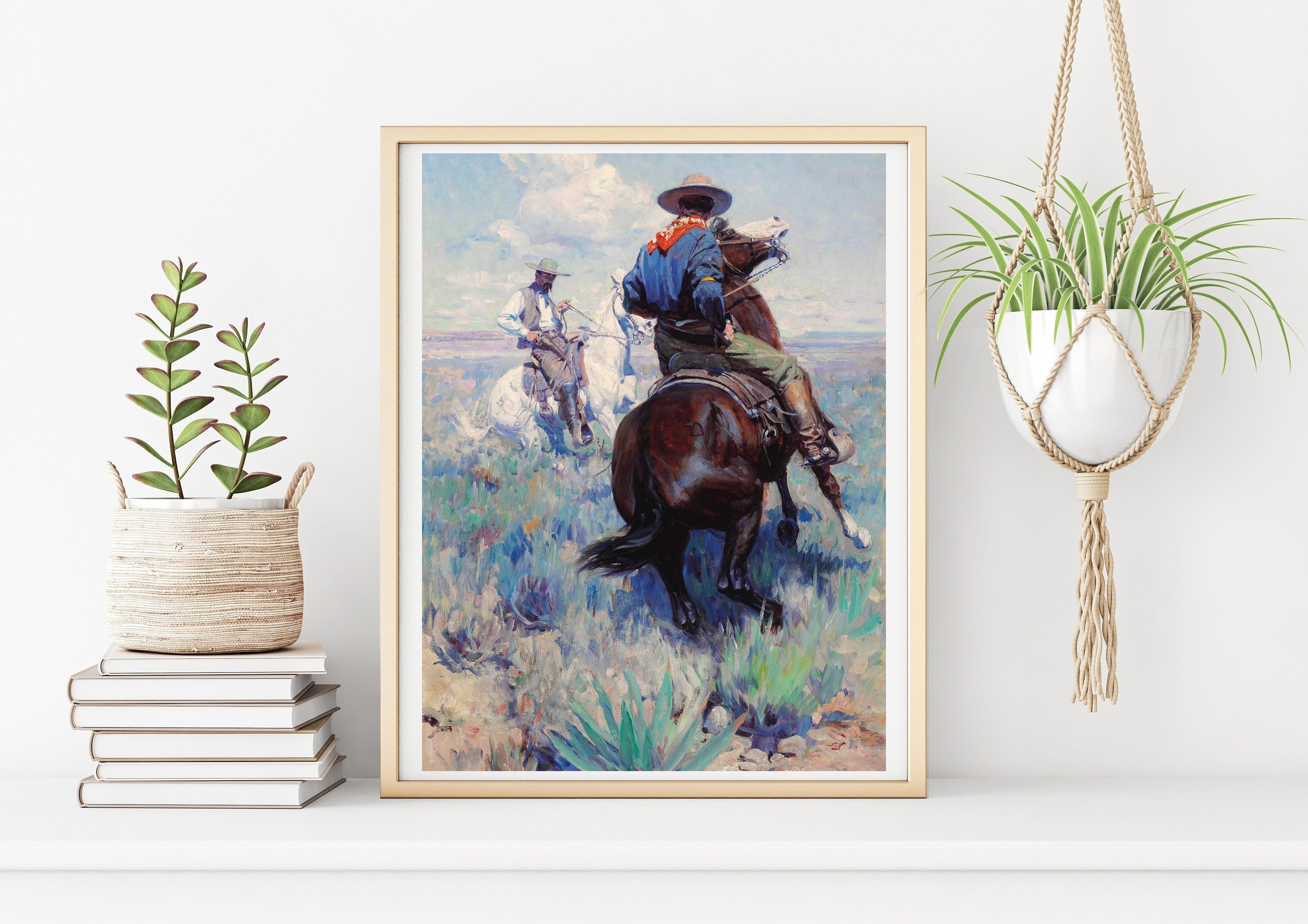 Vintage Cowboys Riding Oil Painting Countryside Painting | Etsy