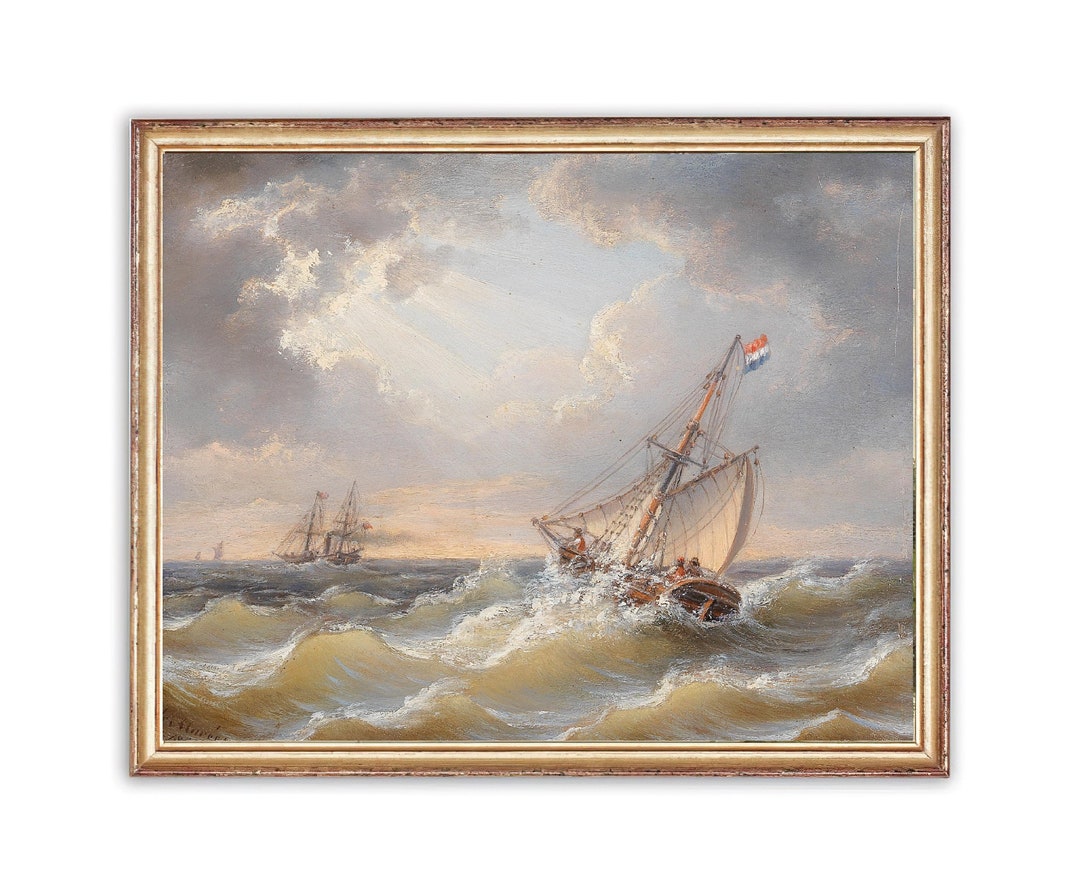 Vintage Ship at Sea Painting | Nautical Seascape Art Print (digital ...