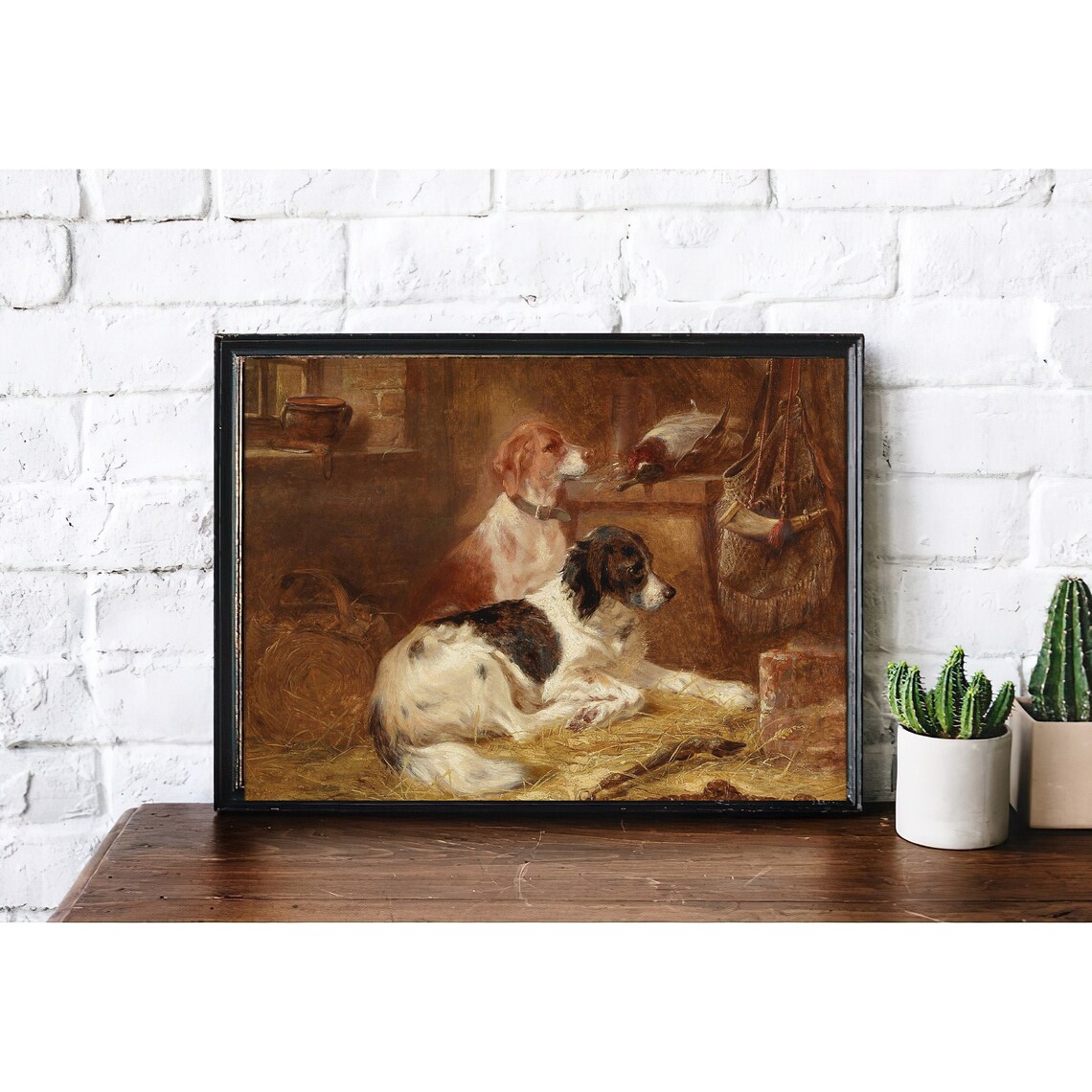 Vintage Two Dogs Painting Antique Dogs in Barn Countryside - Etsy