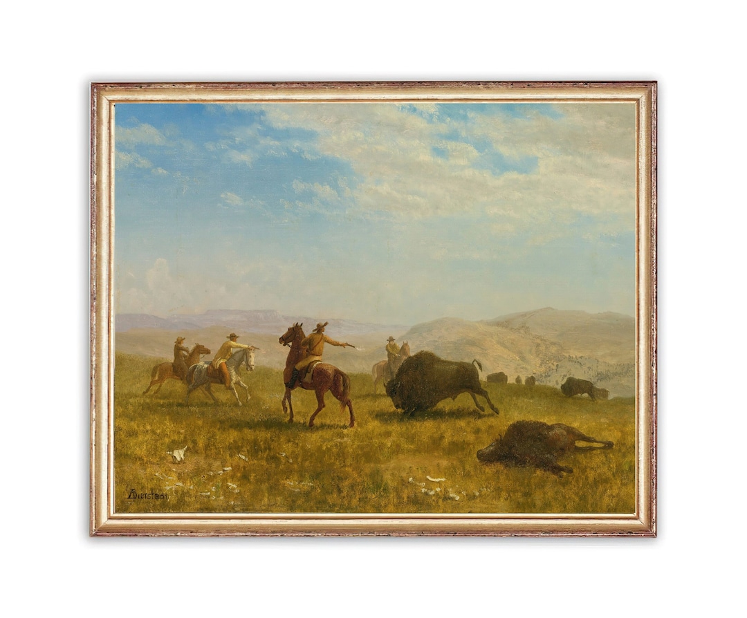 Vintage Cowboys Old West Painting | Antique Buffalos Horse Riders ...