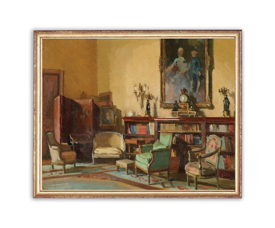 Vintage Library Interior Painting | Antique Still Life Artwork ...