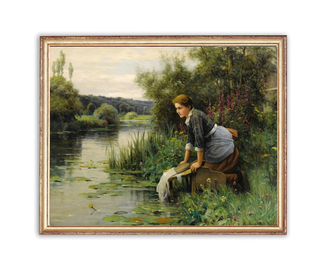 Vintage Woman Doing Laundry Painting | Antique River Landscape Artwork ...