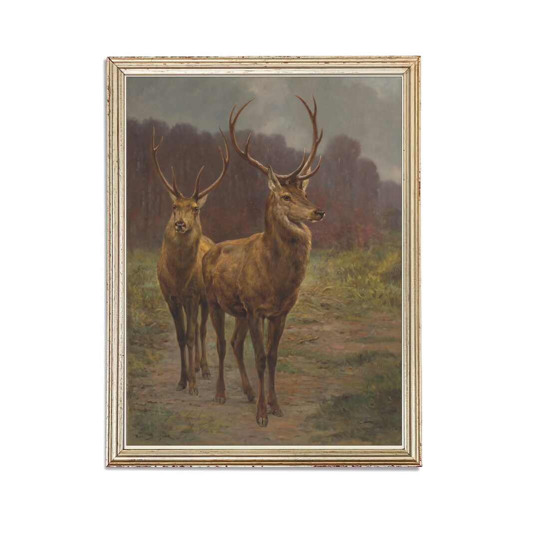 Vintage Two Stags Painting | Antique Animal Portrait Artwork | Classic ...