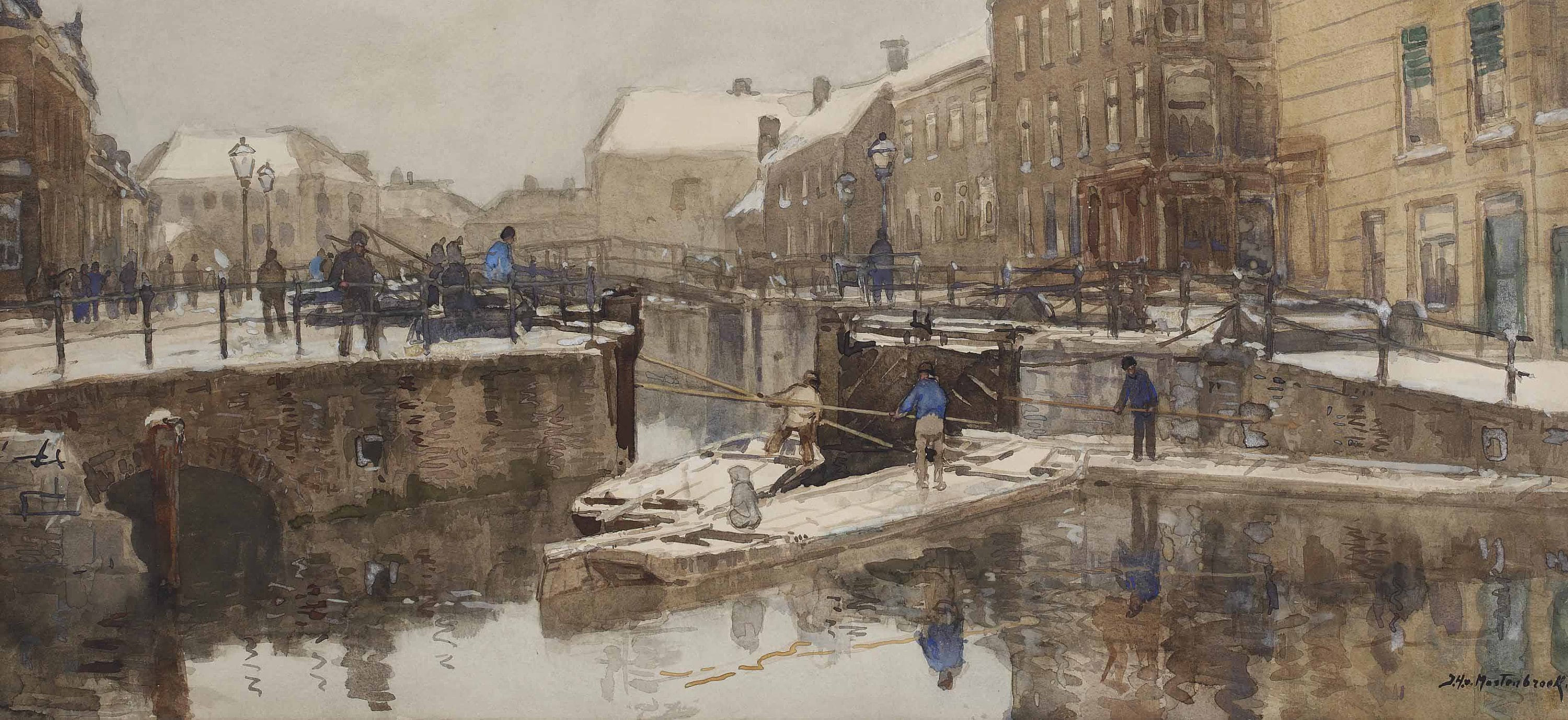 Vintage Cityscape Riverscape Painting | Town River Boats Artwork ...