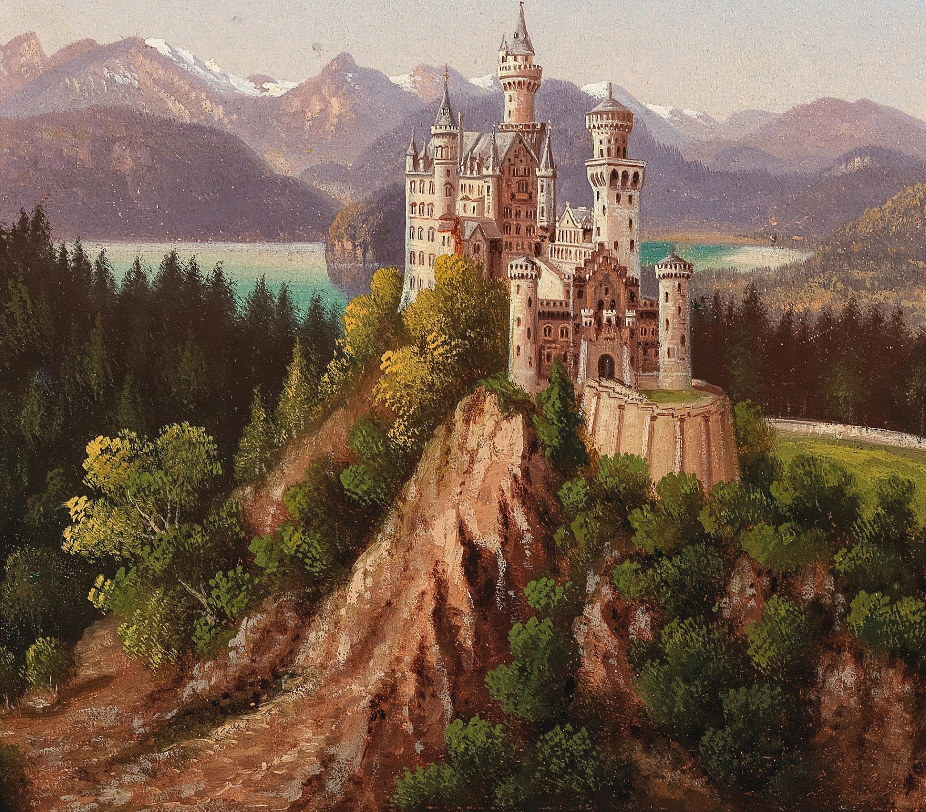 Vintage Neuschwanstein Castle Painting Mountain Landscape Painting Vintage Neuschwanstein Castle Painting Mountain Landscape Painting