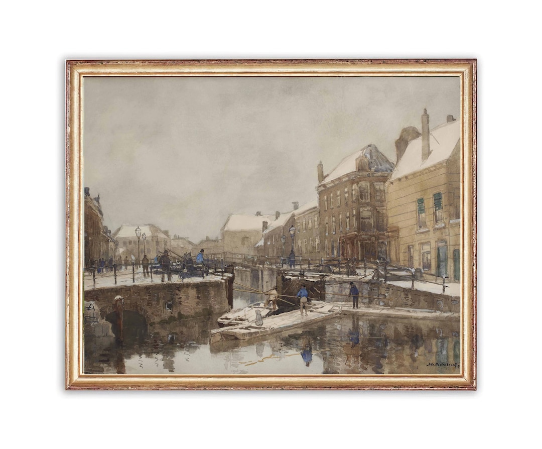Vintage Cityscape Riverscape Painting | Town River Boats Artwork ...