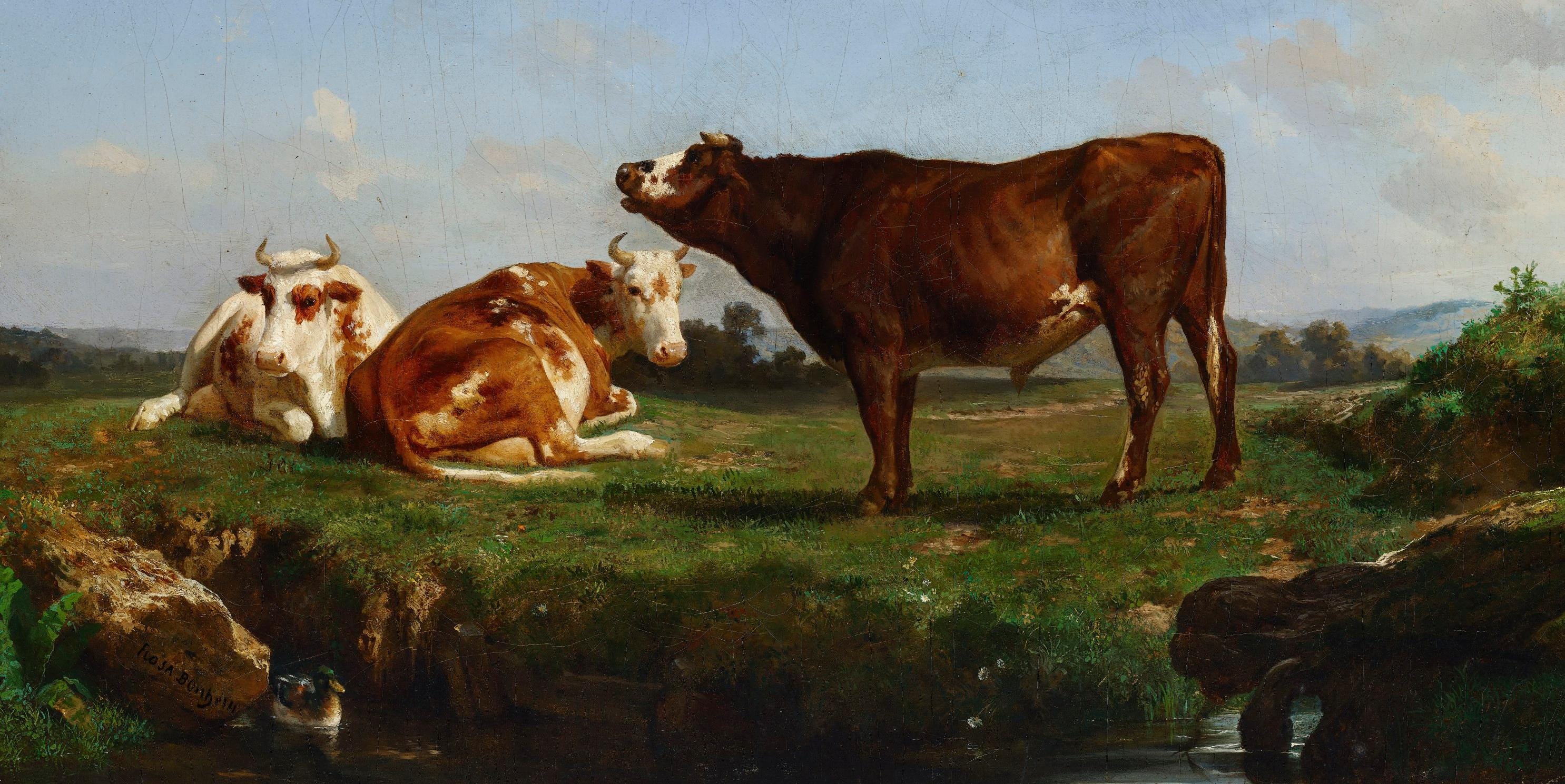 Vintage Cows Grazing Grass Painting | Antique Animal Portrait Artwork ...