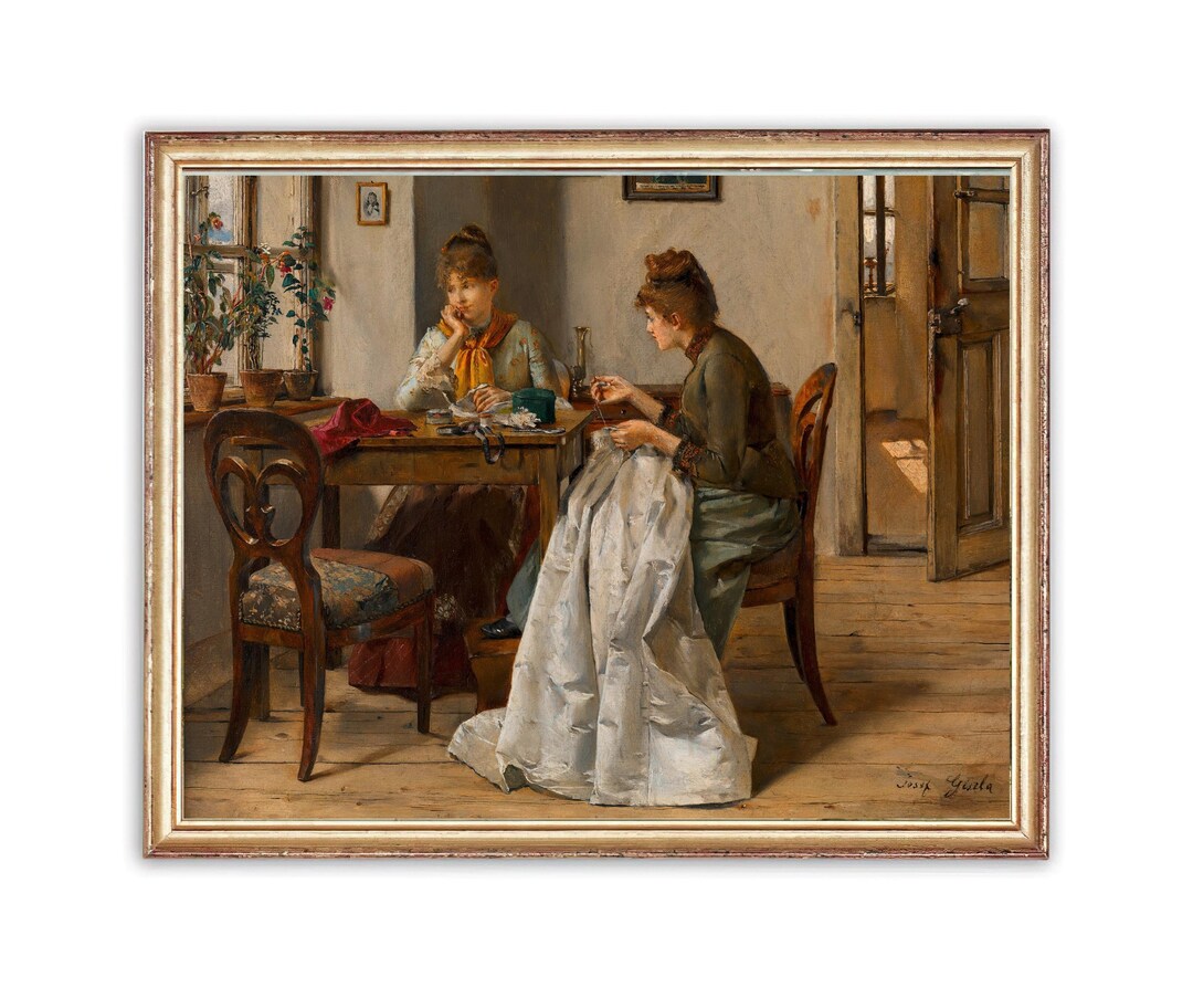 Vintage Women Sewing Painting | Antique Female Portrait Artwork ...