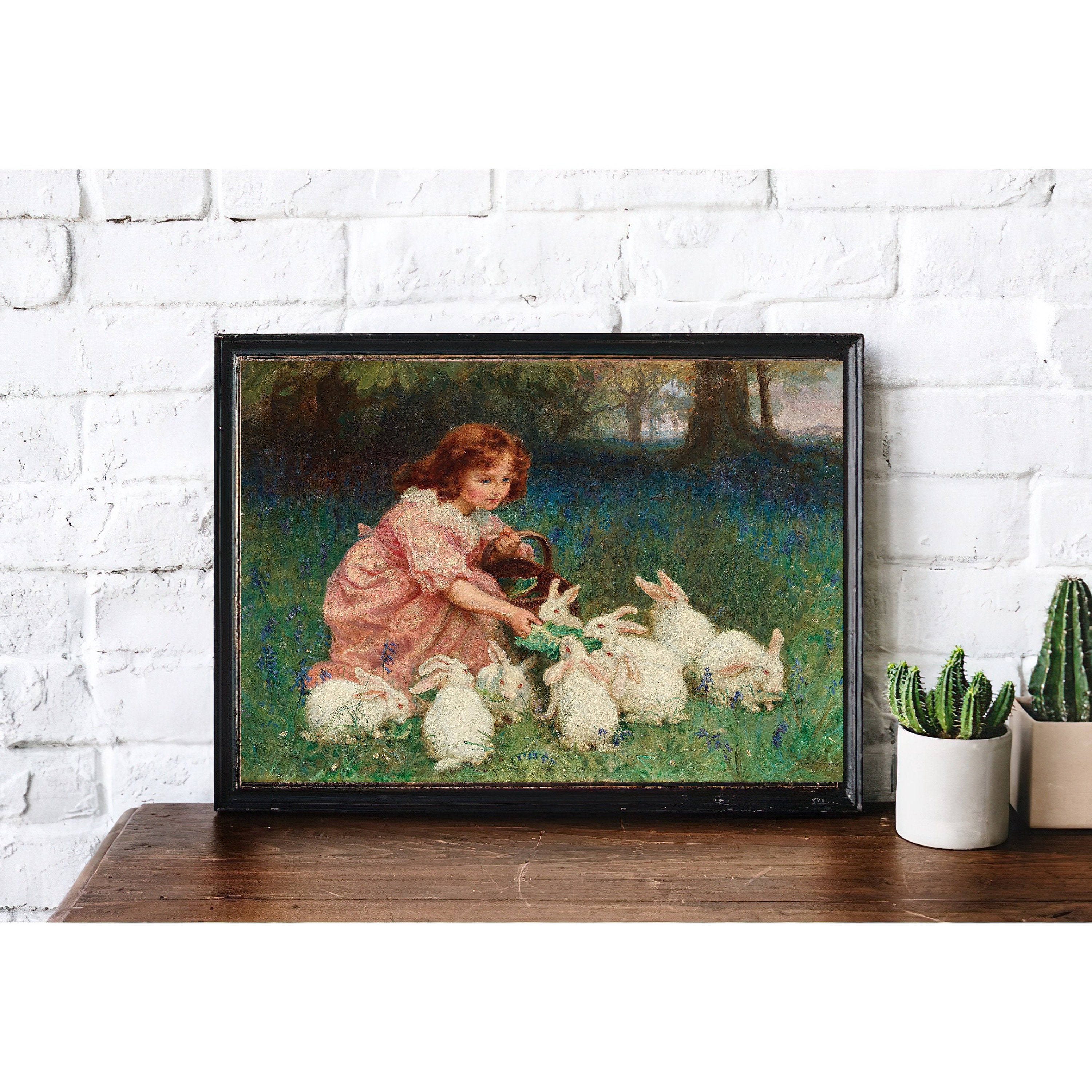 Vintage Girl Feeding Rabbits Painting | Child Animal Portrait Artwork ...