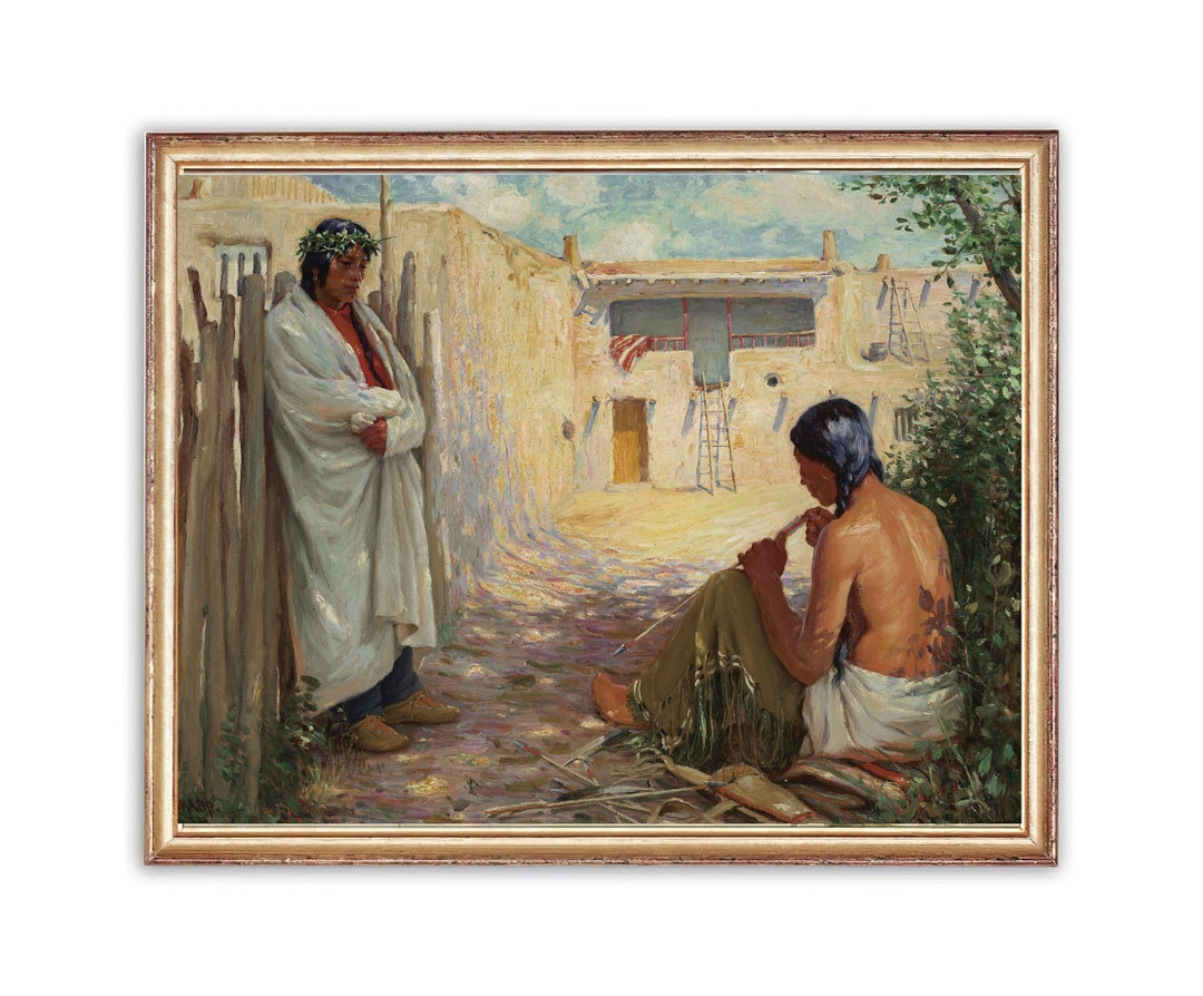 Vintage Western Painting | Oil Native Americans With Arrows in Village ...