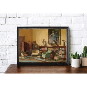 Vintage Library Interior Painting | Antique Still Life Artwork ...