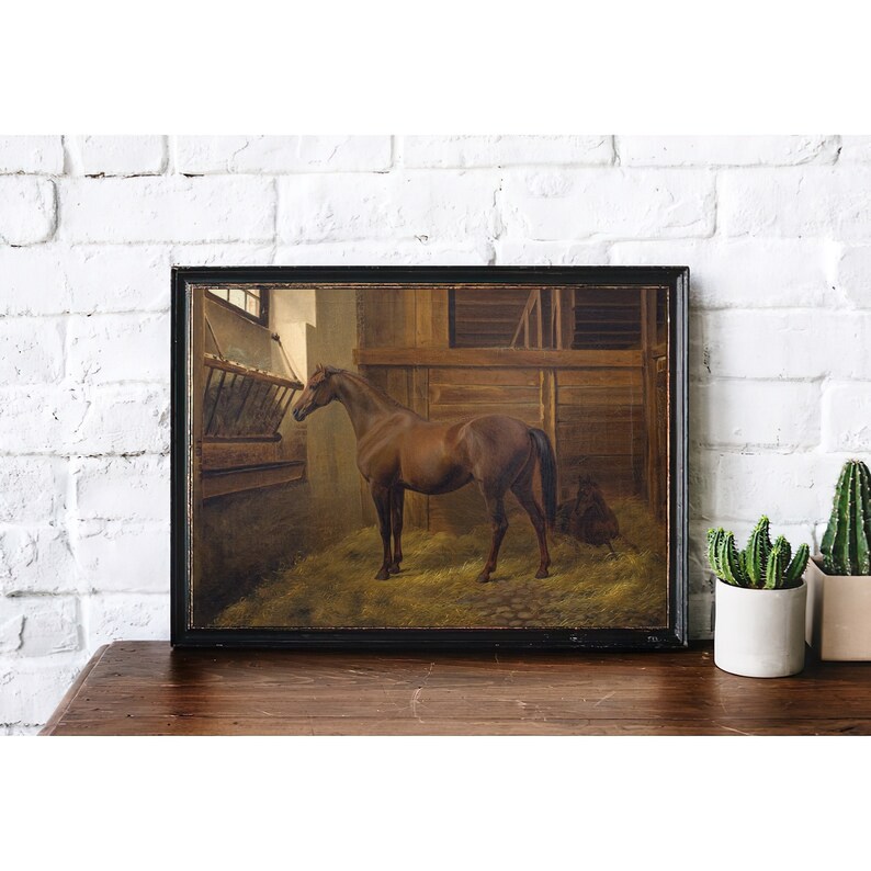 Vintage Horses in the Stable Painting | Antique Barn Animal Artwork ...