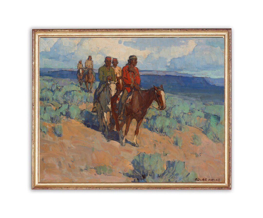 Vintage Western Painting | Antique Native Americans Hills Artwork ...