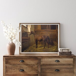 Vintage Horses in the Stable Painting | Antique Barn Animal Artwork ...