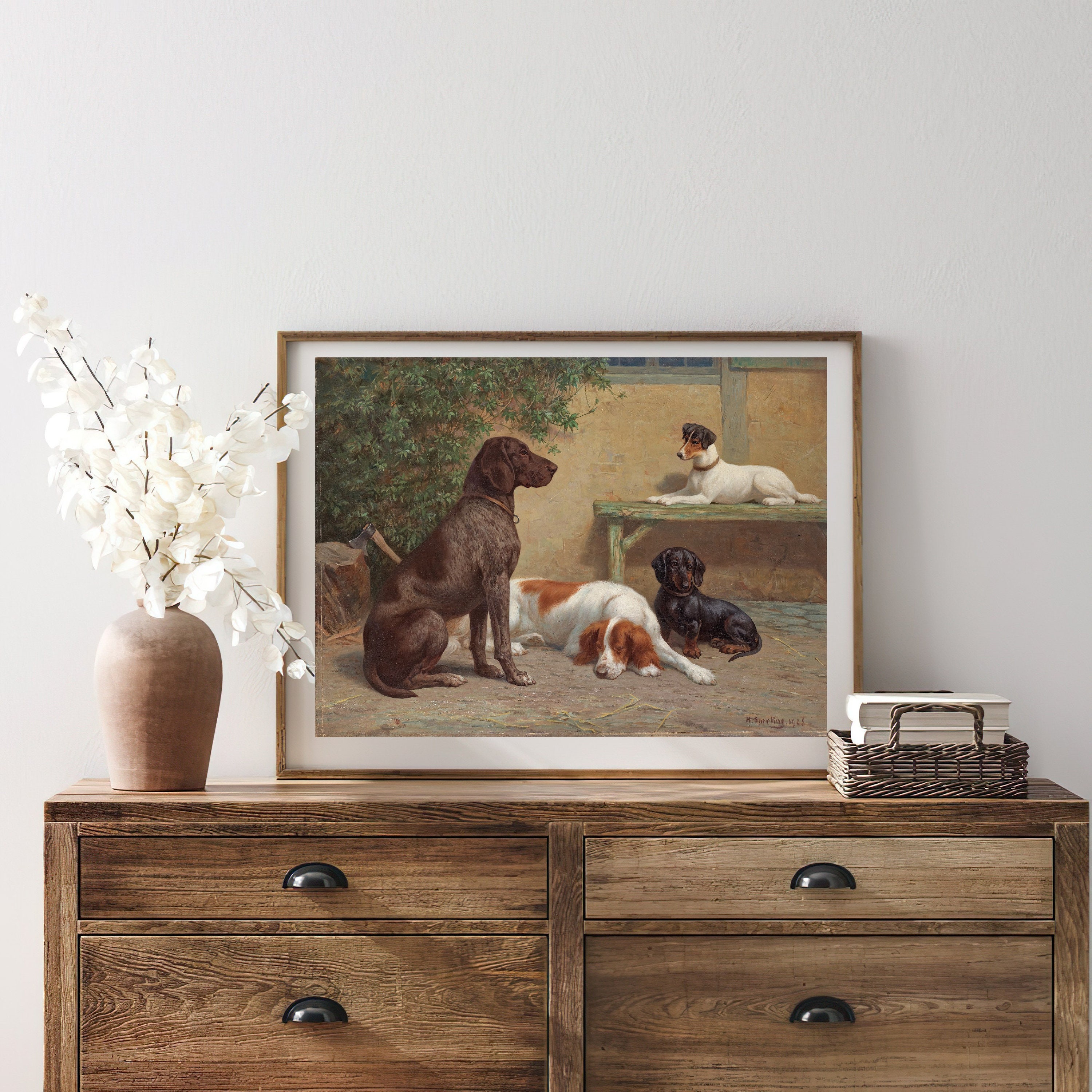 Vintage Animal Portrait Painting | Antique Dogs in Yard Artwork ...