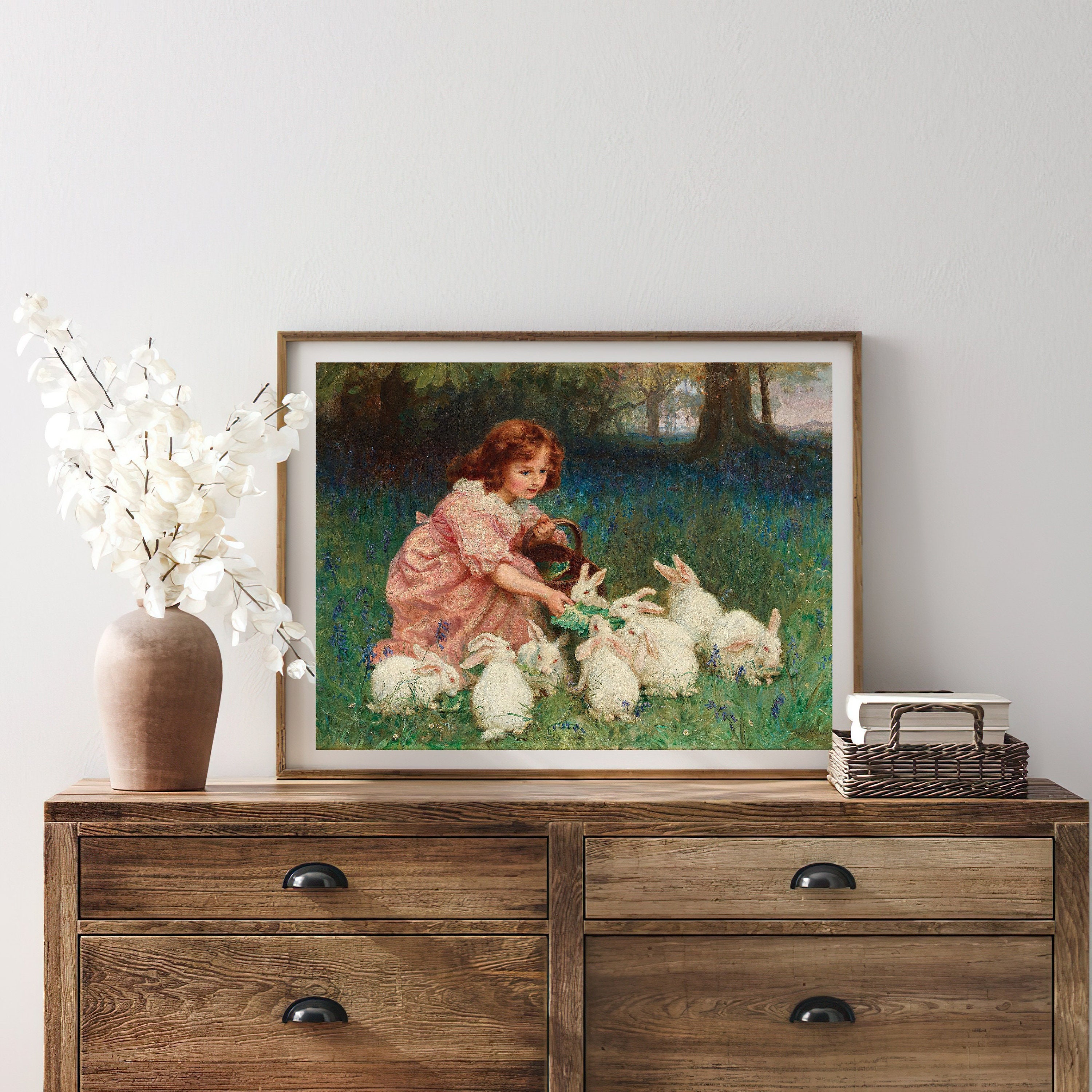 Vintage Girl Feeding Rabbits Painting | Child Animal Portrait Artwork ...