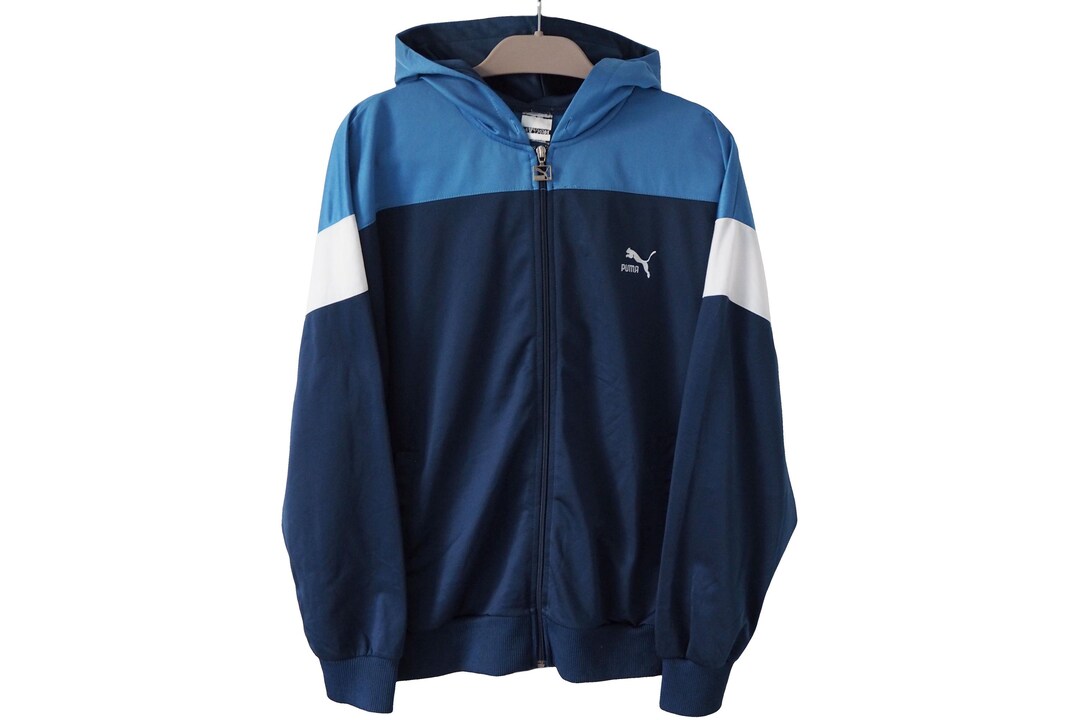 Vintage PUMA Track Jacket Full Zip Size L Blue 90s Hooded Light Wear ...