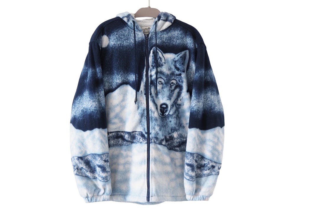 Vintage WOLF Fleece Sweater Full Zip Hoodie Size L Nature Animal ...
